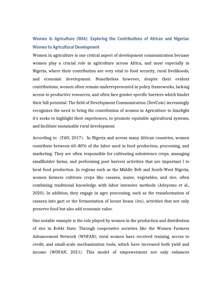 Women in Agriculture WIA Essay | PDF | Agriculture | Food Security