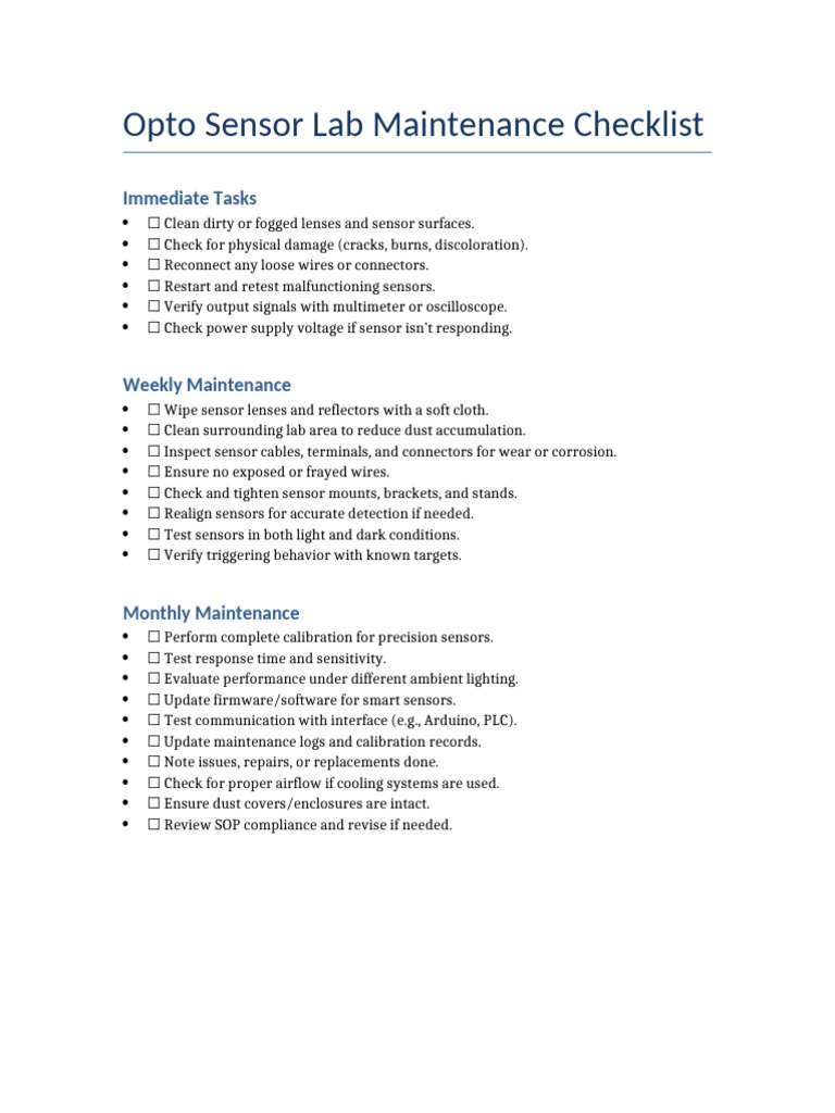 Opto Sensor Maintenance Checklist | PDF