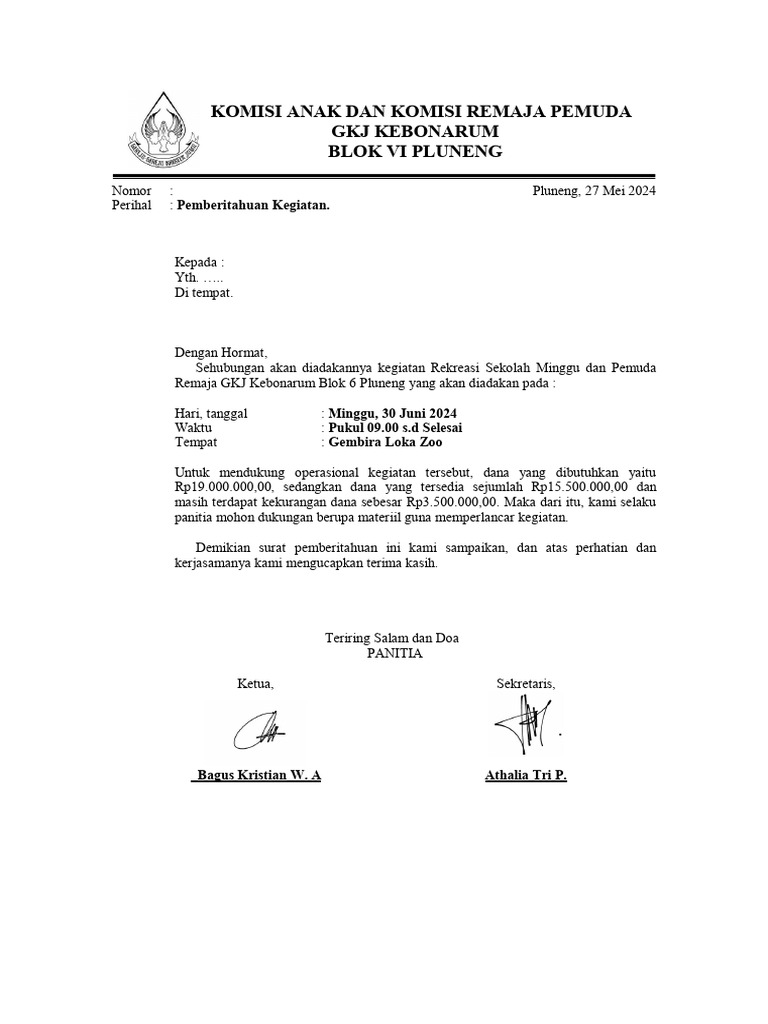 Pemberitahuan Kegiatan Rekreasi GKJ | PDF
