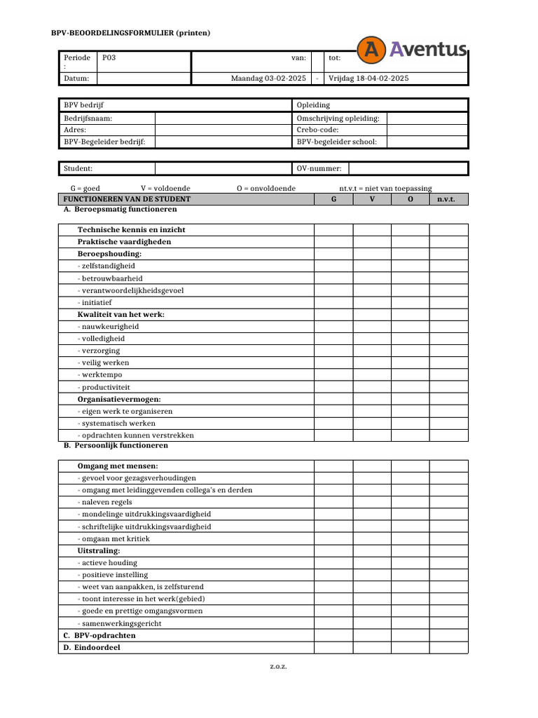 P03 BPV Bijlage 03 Beoordelingsformulier Oriënterende Stage Rev0 | PDF