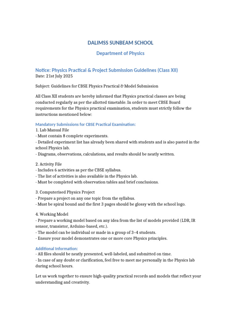 Class XII Physics Project Guidelines | PDF | Light | Electricity