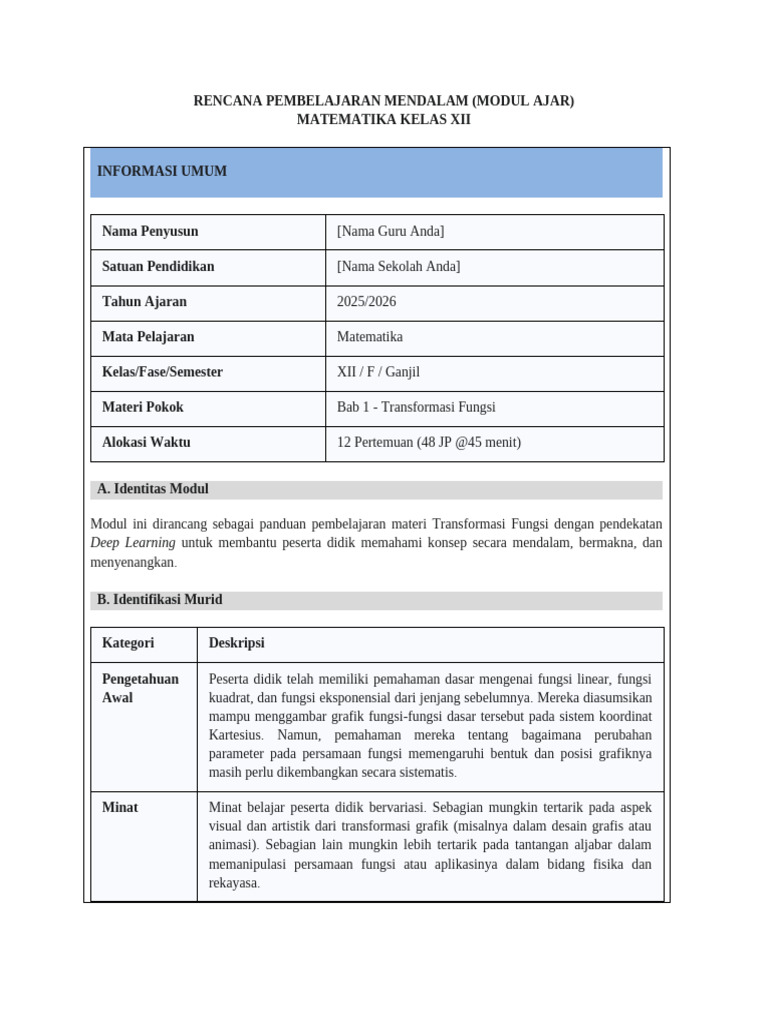 Modul Ajar Transformasi Fungsi Matematika | PDF