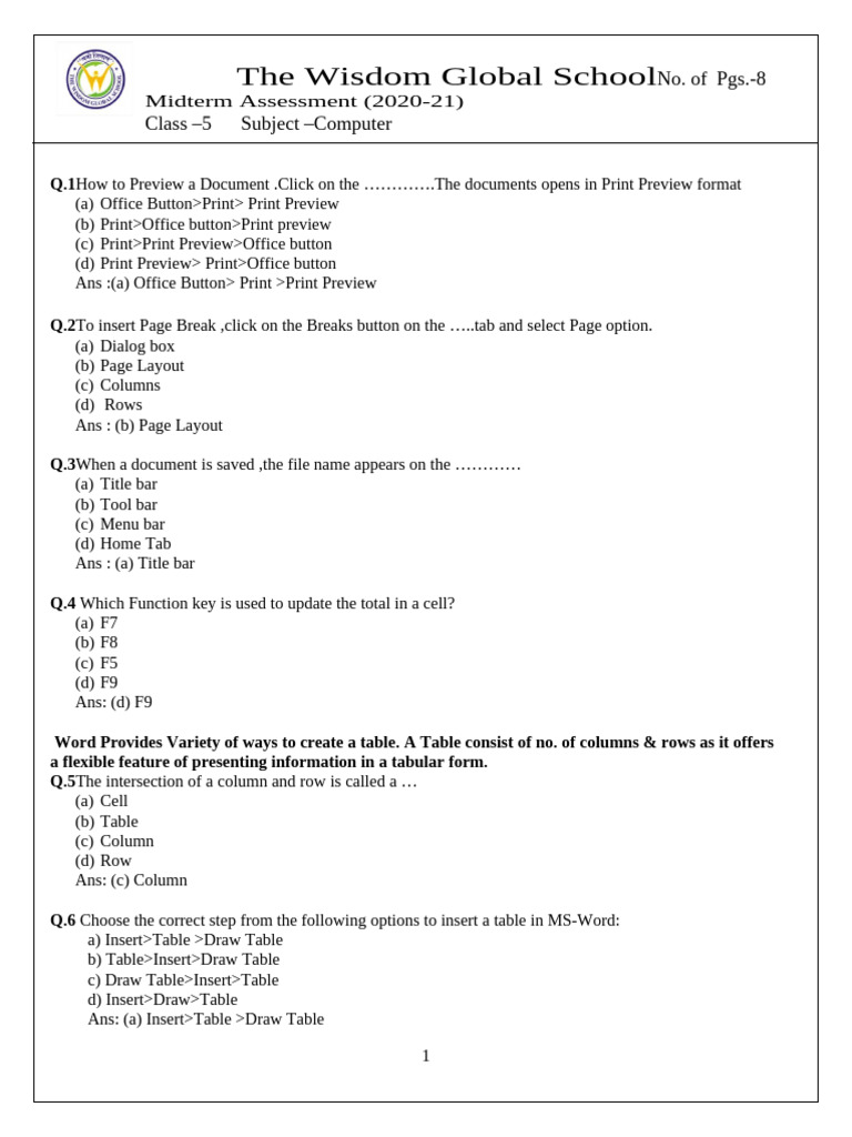 Class-5 Computer Midterm Assessment | PDF | Microsoft Word | Software