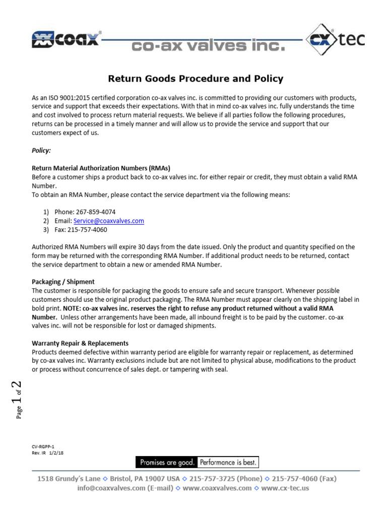 180426coaxvalves Return Goods Procedure and Policy | PDF