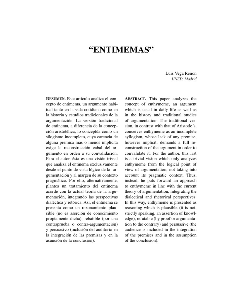 El Entimema: Argumentación y Retórica | PDF | Argumento | Razón