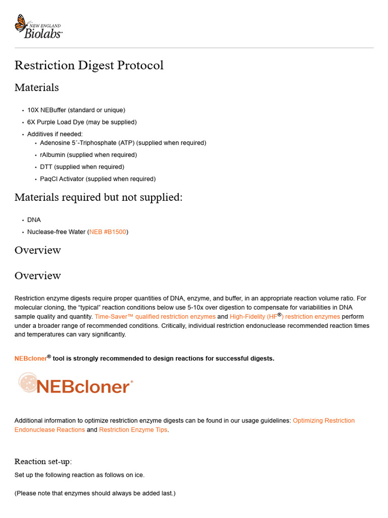 Restriction Digest Protocol Overview | PDF | Restriction Enzyme ...