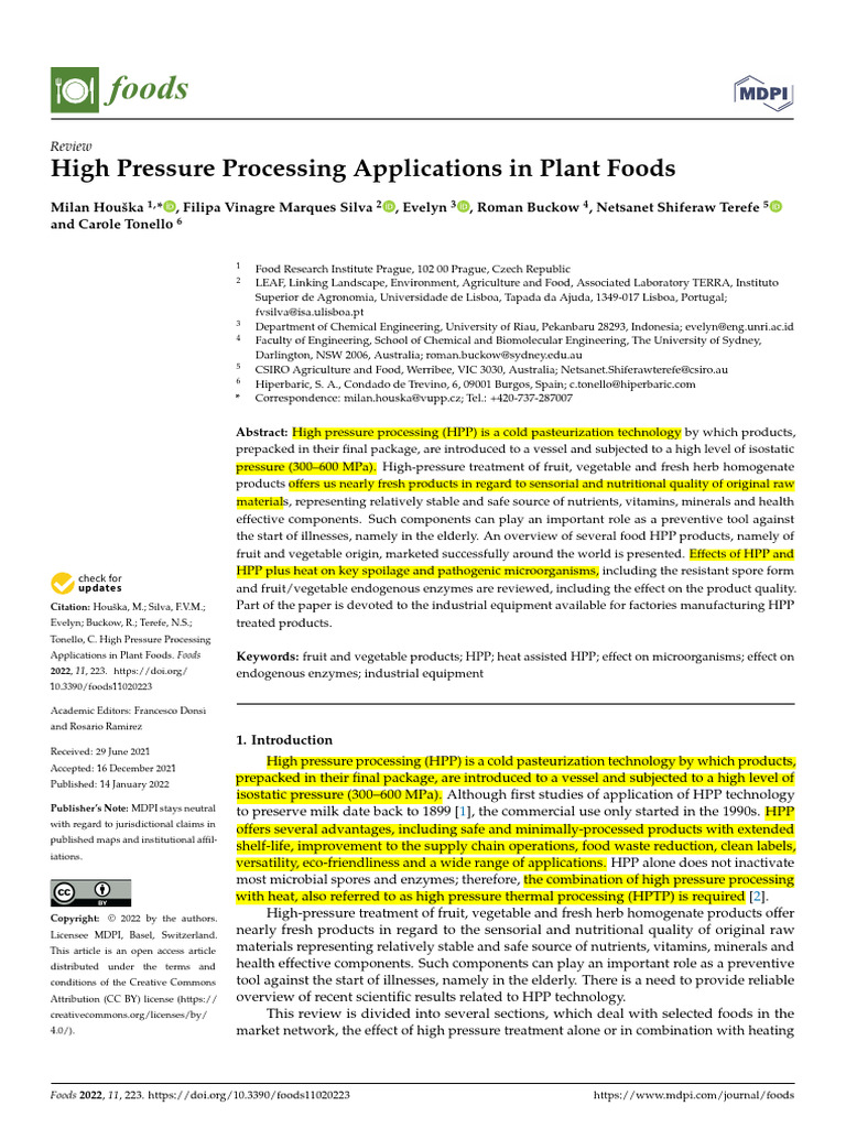 High Pressure Processing Applications in Plant Foods | PDF ...