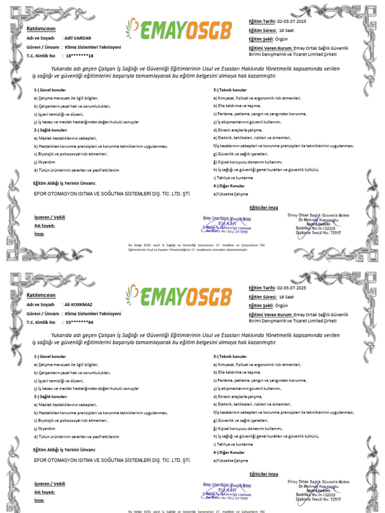 Efor Temel Serti̇fi̇ka | PDF