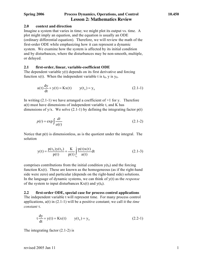 Lesson 2: Mathematics Review: Spring 2006 Process Dynamics, Operations ...