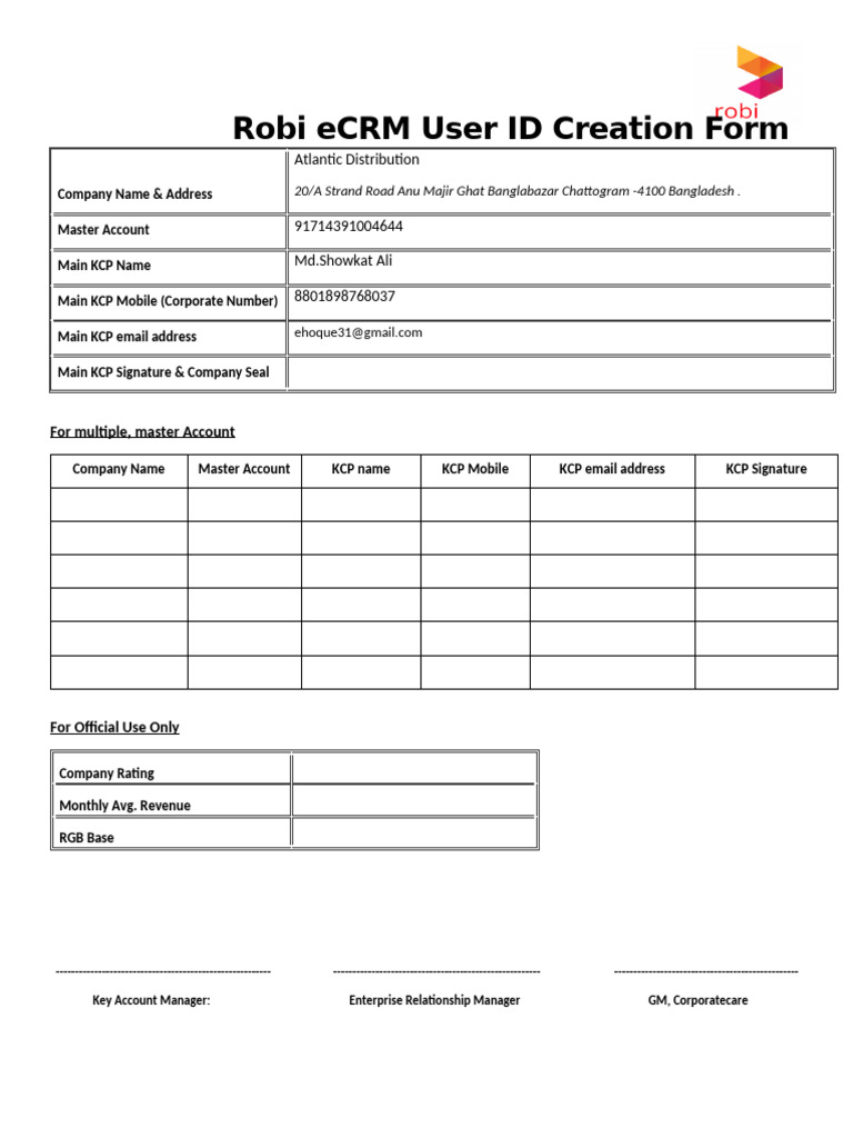 Robi eCRM User ID Creation Form | PDF | Computing | Computer Security