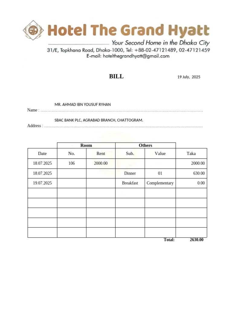 Hotel Bill 1 | PDF