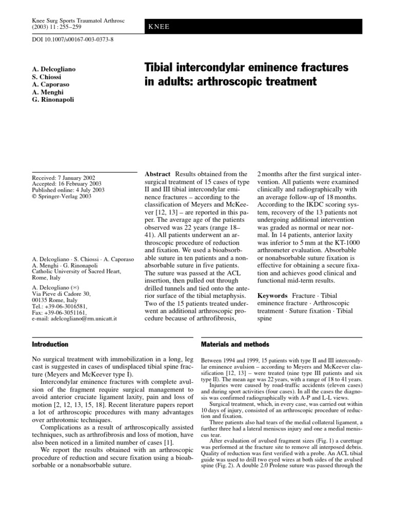 Tibial Intercondylar Eminence Fractures in Adults: Arthroscopic ...