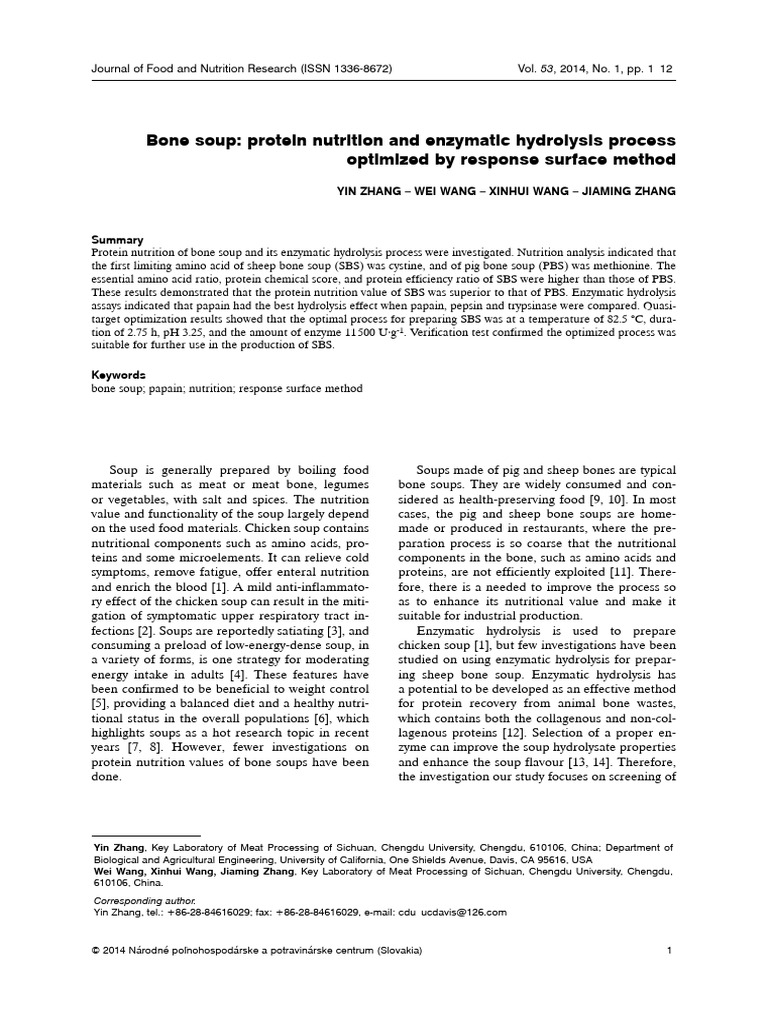 Bone Soup Protein Nutrition and Enzymatic Hydrolysis Process Optimized by Response Surface ...