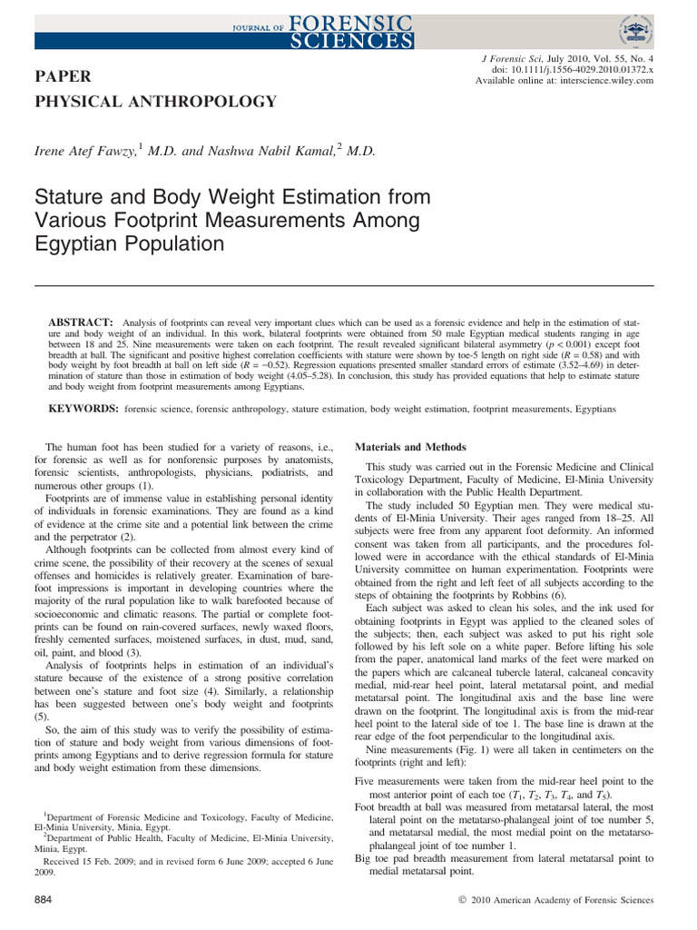 Footprint Analysis for Stature Estimation | PDF | Forensic Science ...