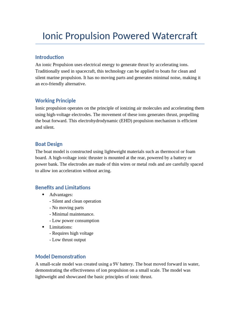 Boat Using Ionic Thruster Project | PDF