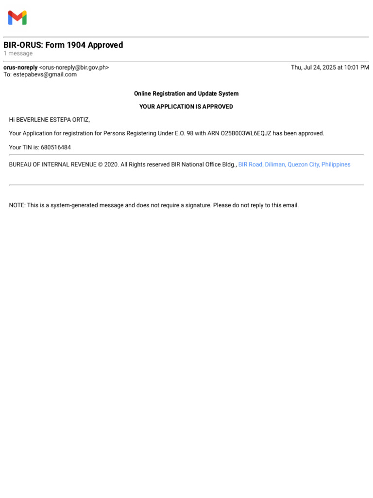 BIR-ORUS Form 1904 Approval Notice | PDF