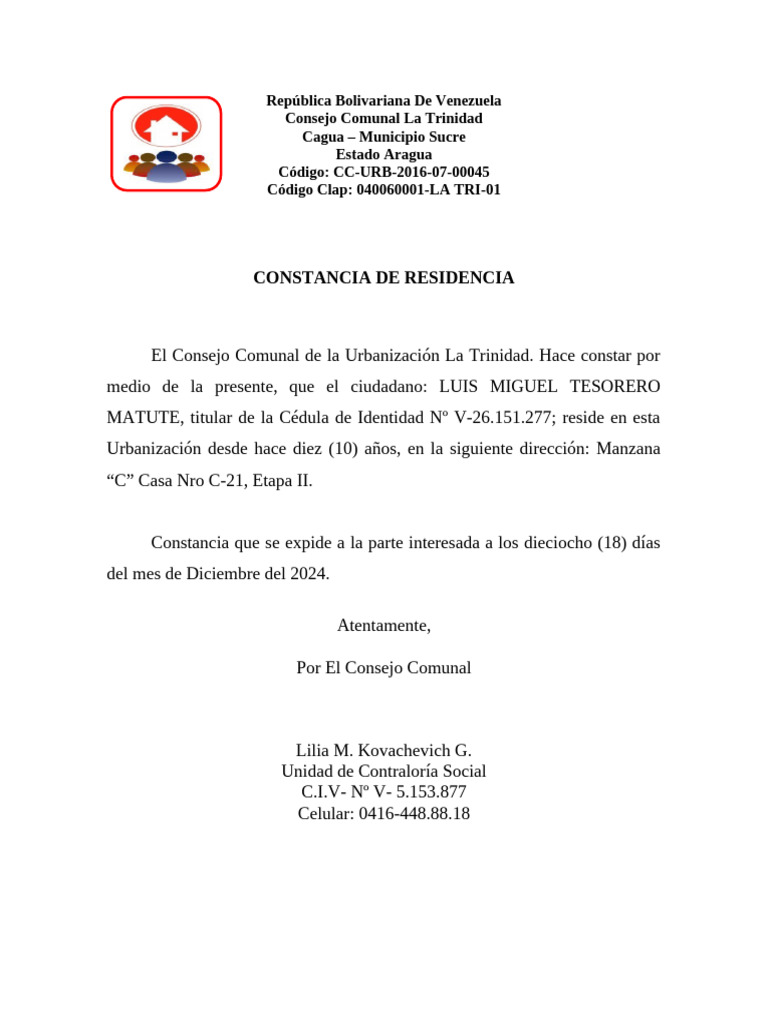 Constancia de Residencia en La Trinidad | PDF
