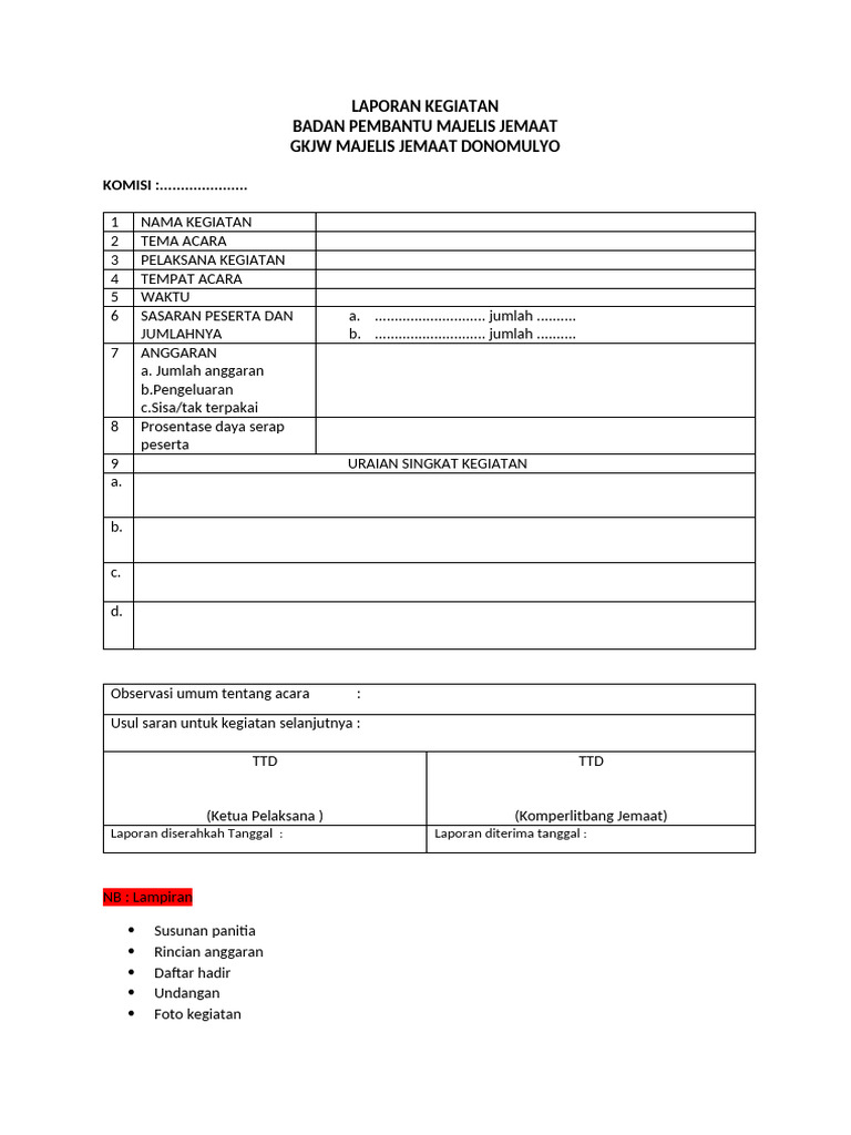 Contoh Form Laporan Kegiatan | PDF