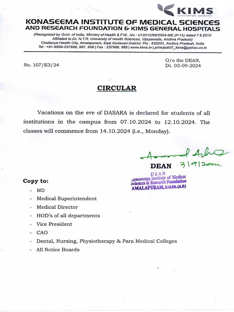 Revised Circular - Dasara Holidays, 2024 | PDF
