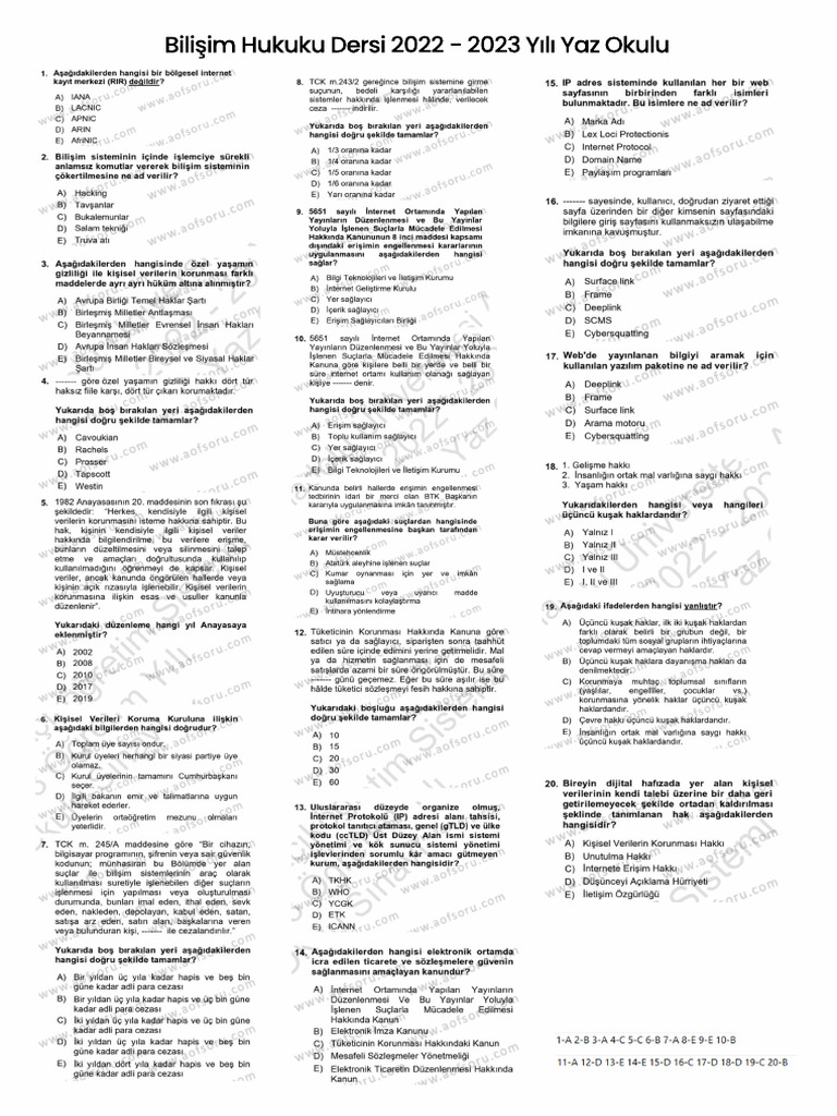 Bilişim Hukuku Dersi 2022 - 2023 Yılı Yaz Okulu | PDF