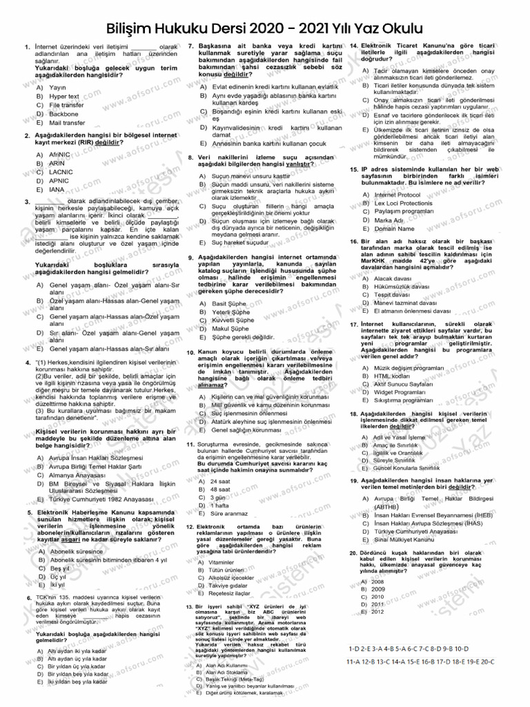 Bilişim Hukuku Dersi 2020 - 2021 Yılı Yaz Okulu | PDF