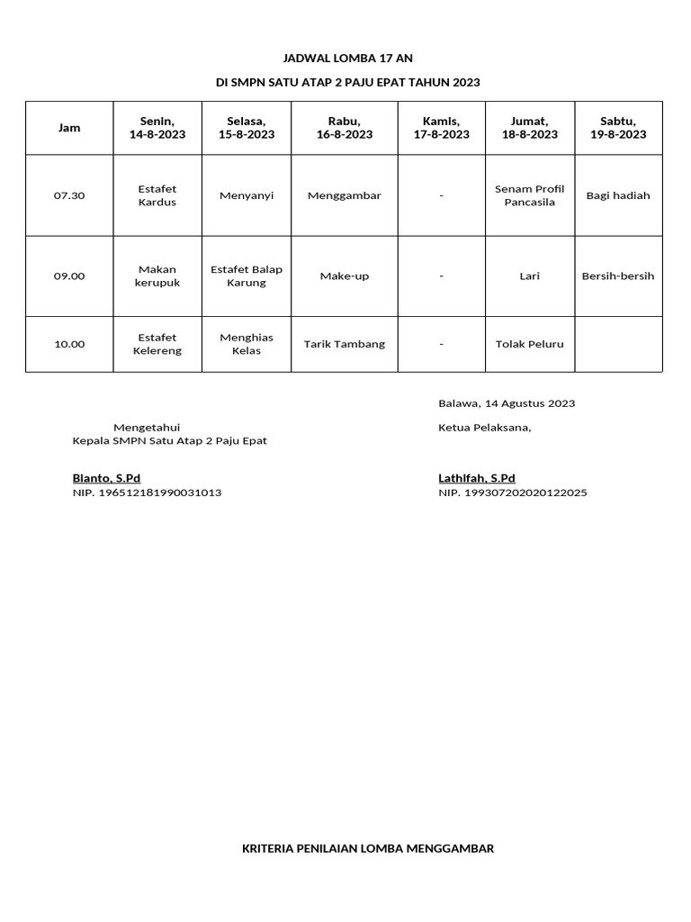 Jadwal & Kriteria Penilaian Lomba 17 An | PDF