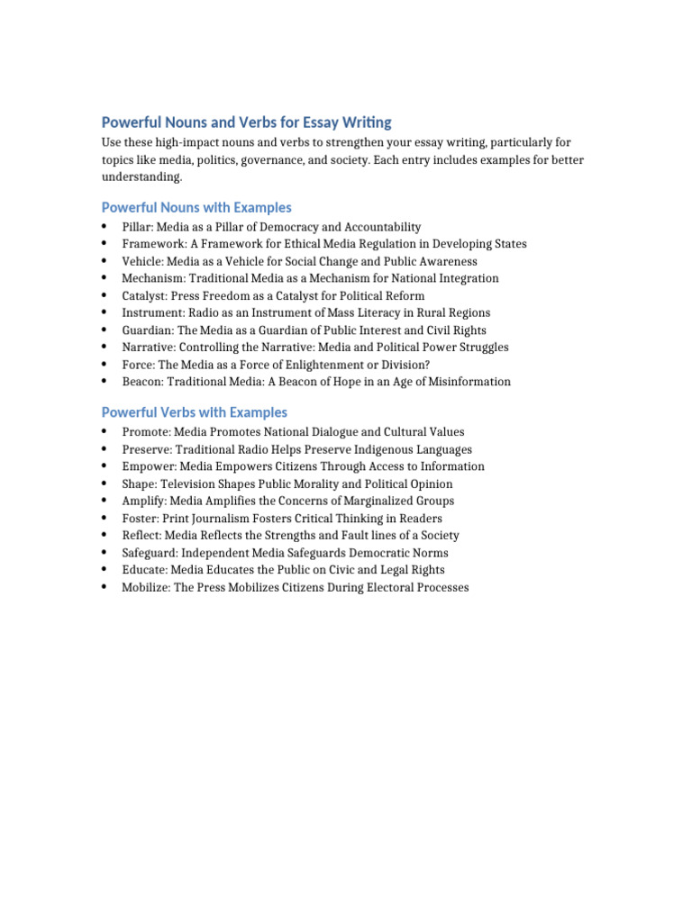Powerful Nouns and Verbs For Essay Writing | PDF