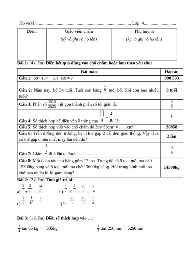 4a5 Đáp Án Toán Chk2 | PDF