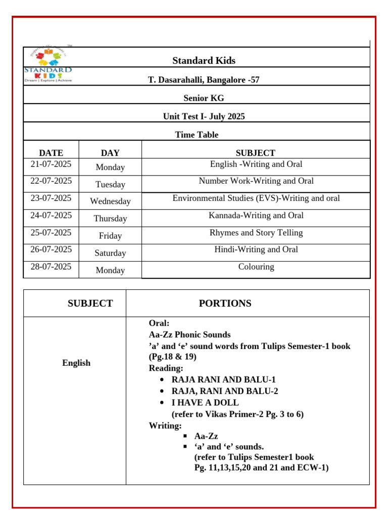 Senior KG Unit Test Schedule 2025 | PDF | Collation | Languages Of Asia