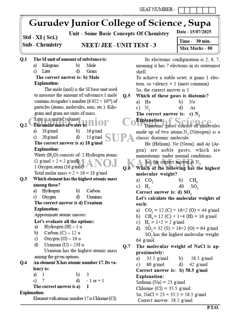 11 - Ch.1 Some Basic Concepts of Chemistry NEET - JEE MCQ Test 3 ...