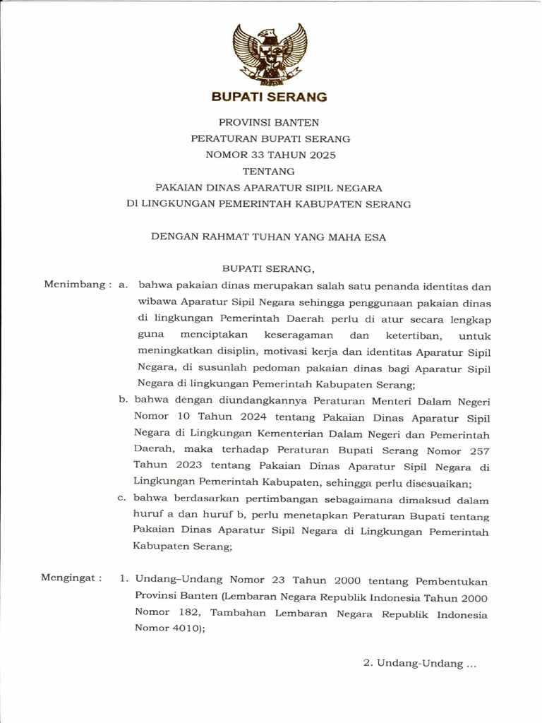 Perbup No 33 Tahun 2025 Tentang Pakaian Dinas ASN | PDF