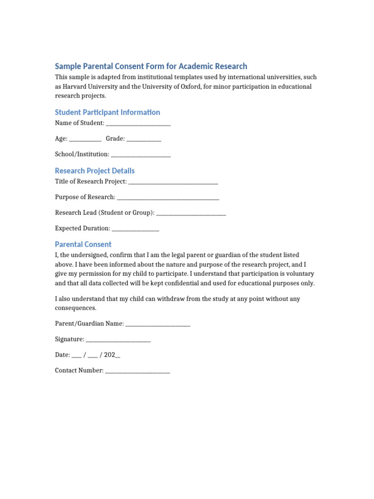Sample Parental Consent Form UniversityStyle | PDF