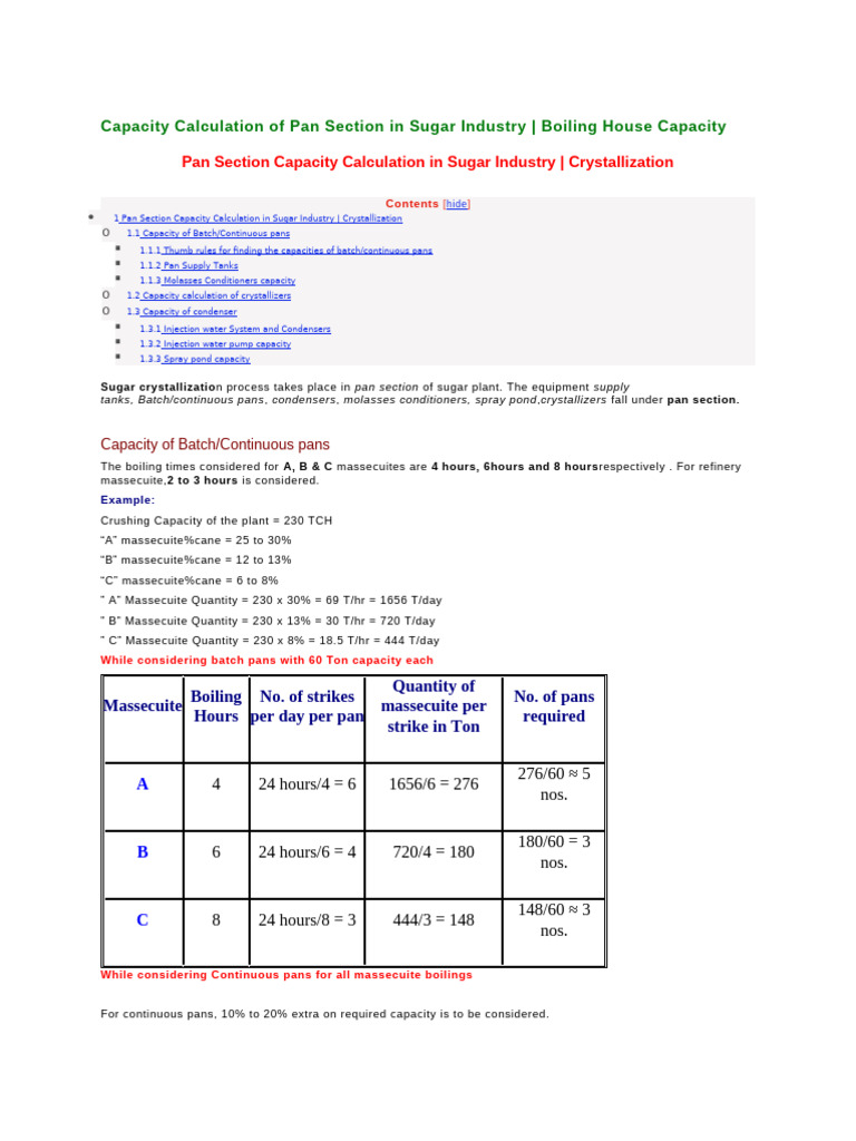 Pan Capacity Calculation in Sugar Industry | PDF | Crystallization ...