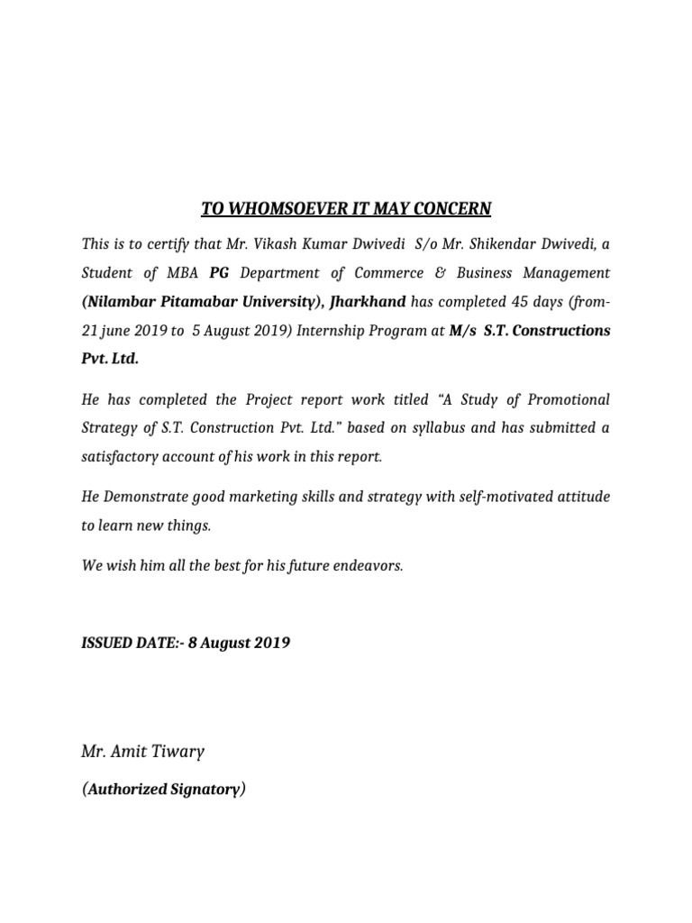 Internship Certificate for Vikash Kumar Dwivedi | PDF