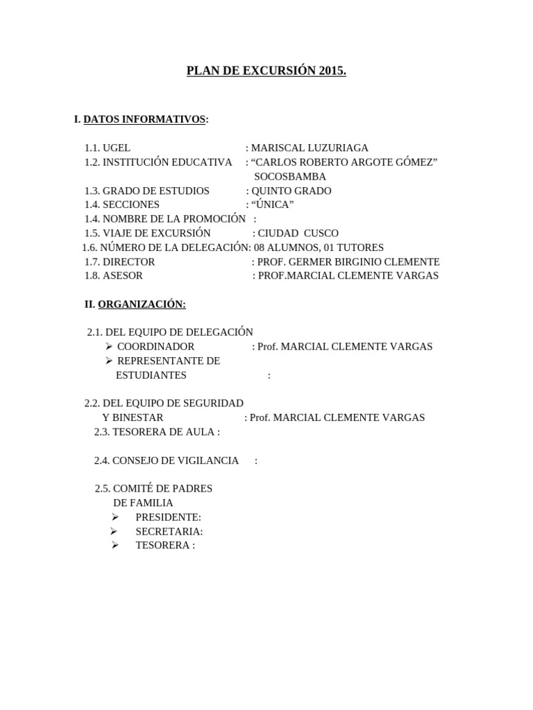 Plan de Excursión 2012 | PDF