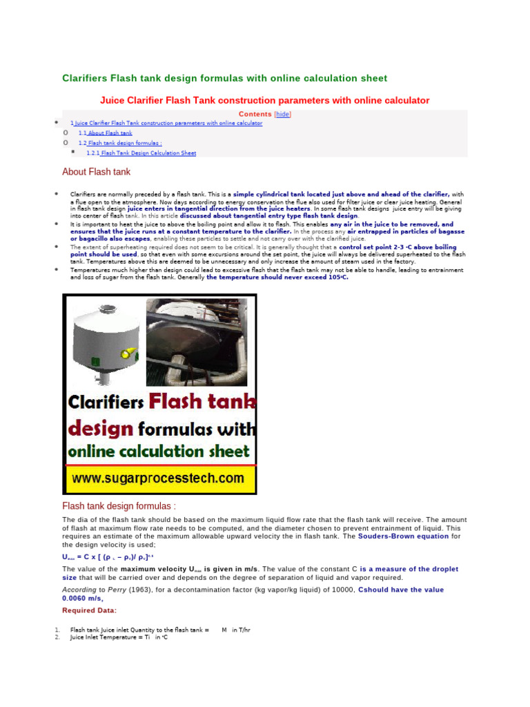 Clarifiers Flash Tank Design Formulas With Online Calculation Sheet ...
