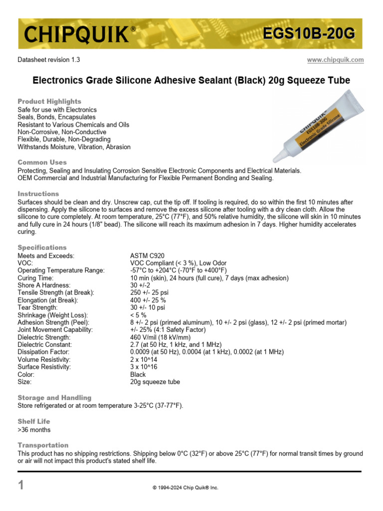 Chip Quik EGS10B-20G Electronics Silicone | PDF | Silicone | Physical ...