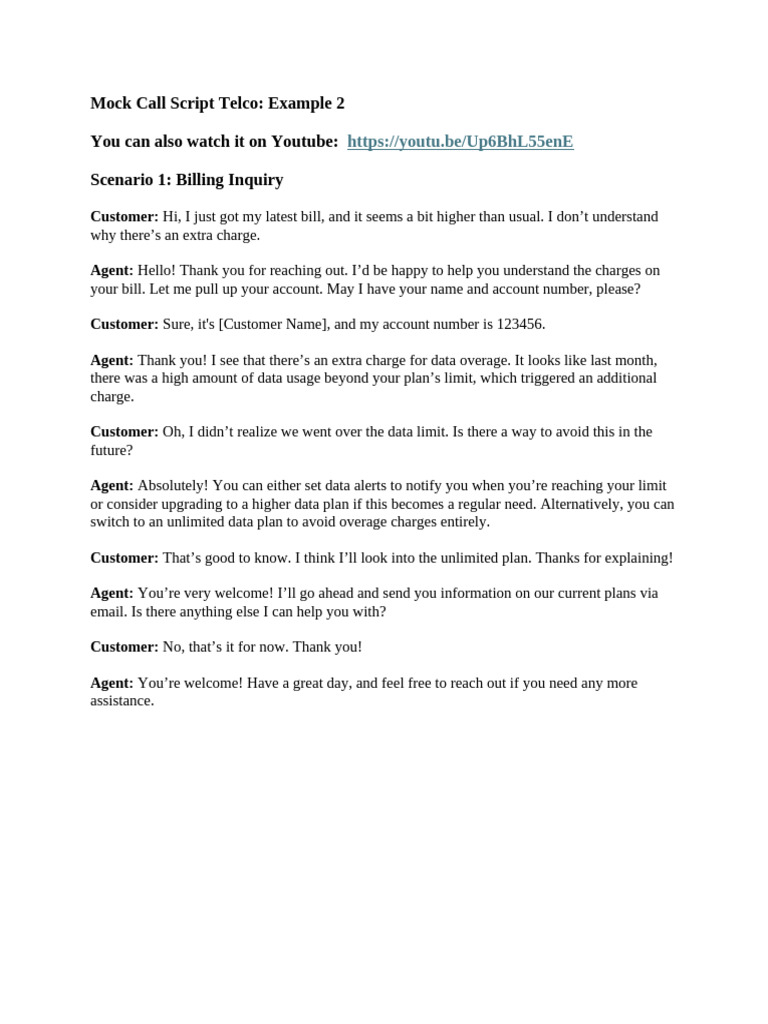 Telco 2 Mock Call Script | PDF