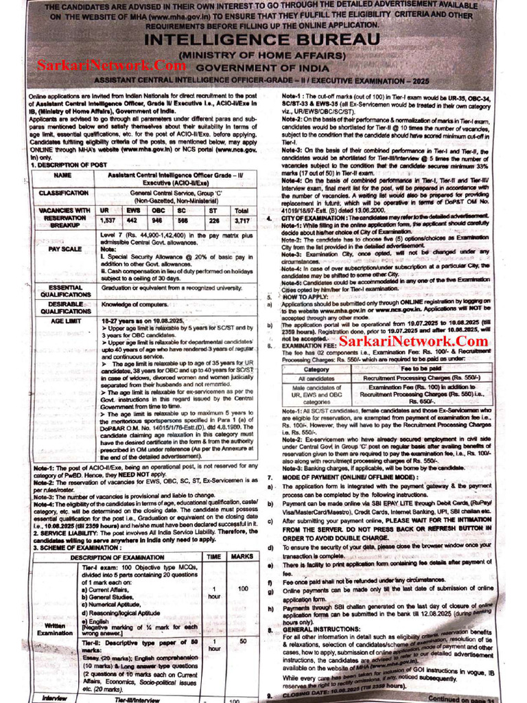 IB ACIO Grade II Executive Vacancy 2025 Short Notification | PDF