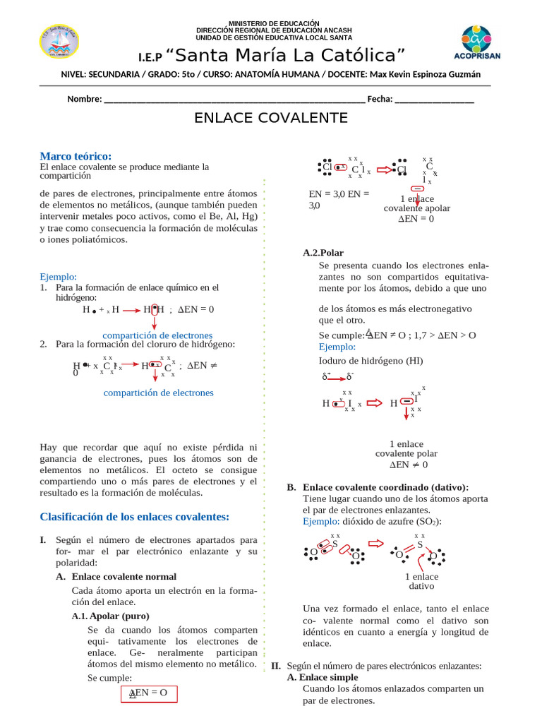 Enlace Covalente: Teoría y Ejemplos | PDF | Enlace químico | Compuestos ...