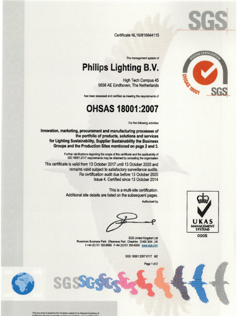 OHSAS 18001 Philips Lighting Certificate - 2020 | PDF