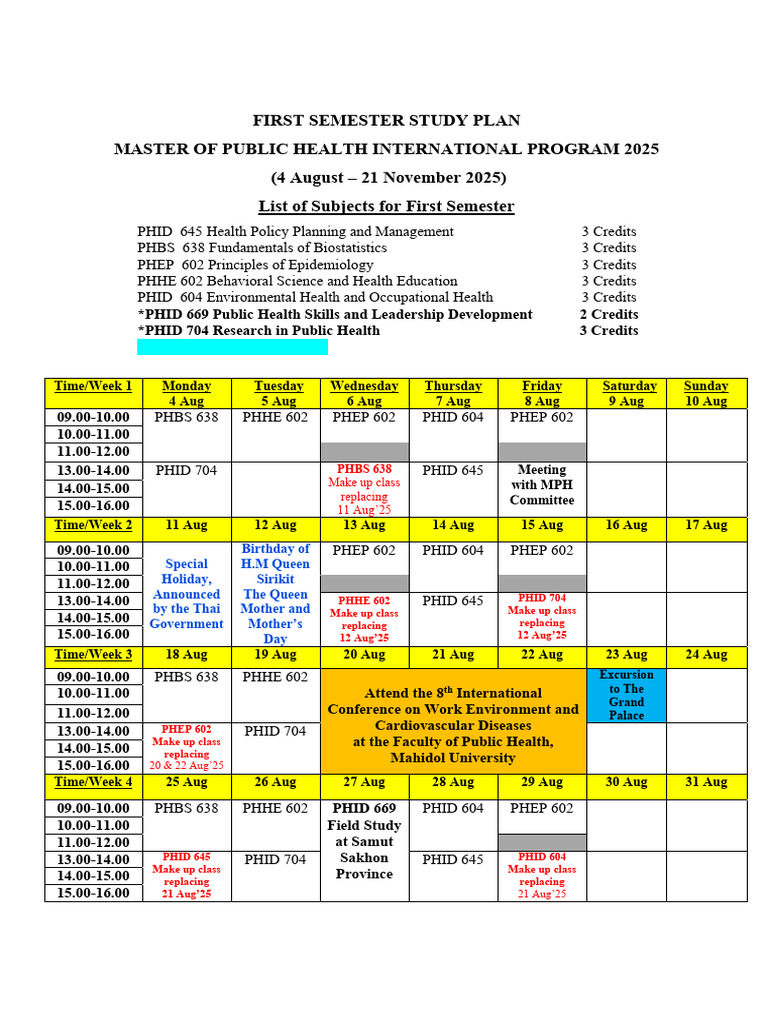 Study Plan Semester 1 - 2025 - KI - Updated 5JULY2025 (MPH Int'l 2025) | PDF