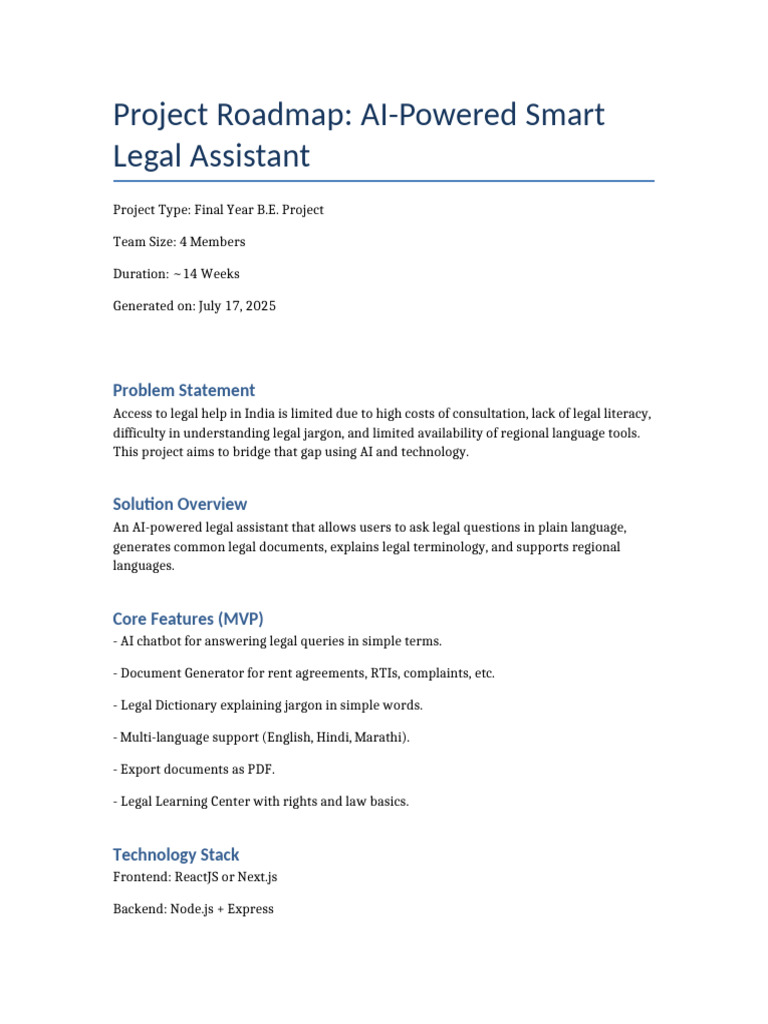 AI Legal Assistant Project Roadmap | PDF