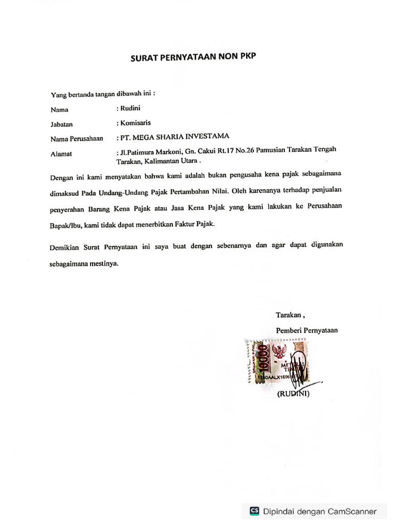 Pernyataan Non PKP PT Mega Sharia Investama | PDF