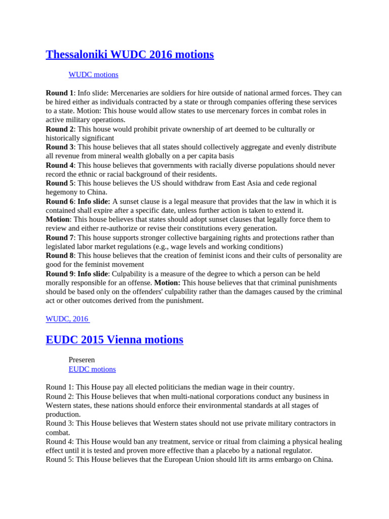 WUDC 2016 Debate Motions Overview | PDF | Facebook | Justice