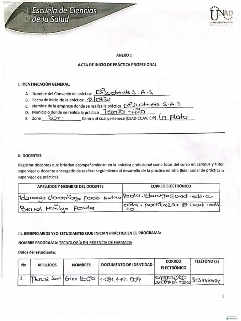 Anexo 1 - Acta de Inicio de PR Ctica Profesional, Diligenciada y Firmada. | PDF