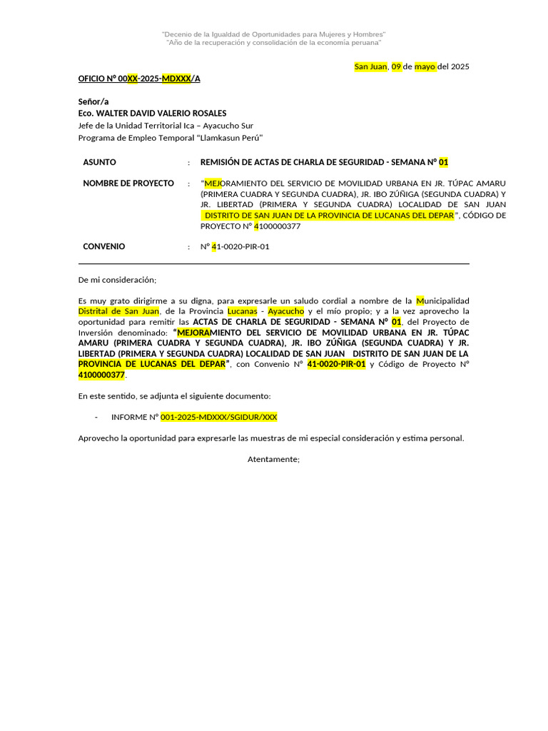 Modelo Oficio e Informes - Remisión de Actas de Charla de Seguridad - San Juan | PDF | Perú