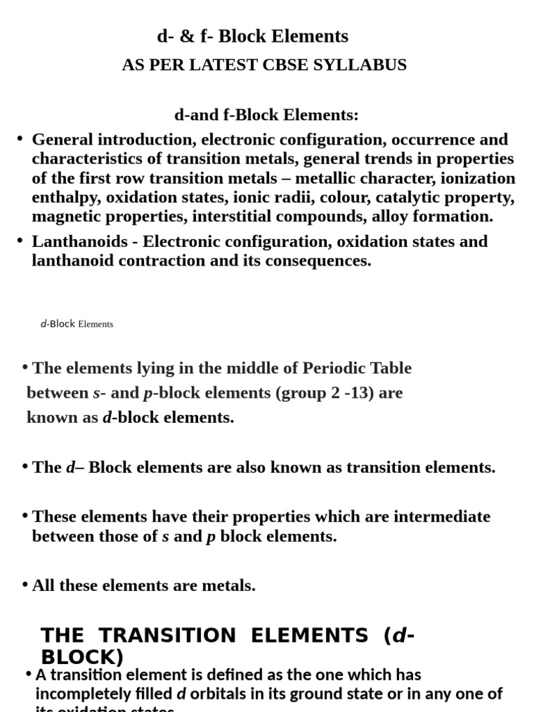 D- & F- Block Elements Overview | PDF | Transition Metals | Periodic Table