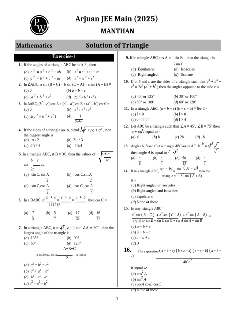 Solution of Triangle JEE Main Practice Sheet Arjuna JEE ...