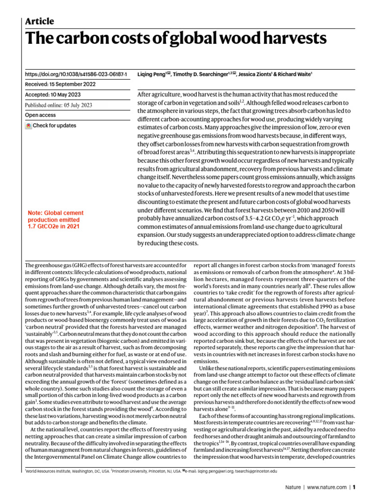 Carbon Costs of Global Wood Harvests | PDF | Climate Change Mitigation ...